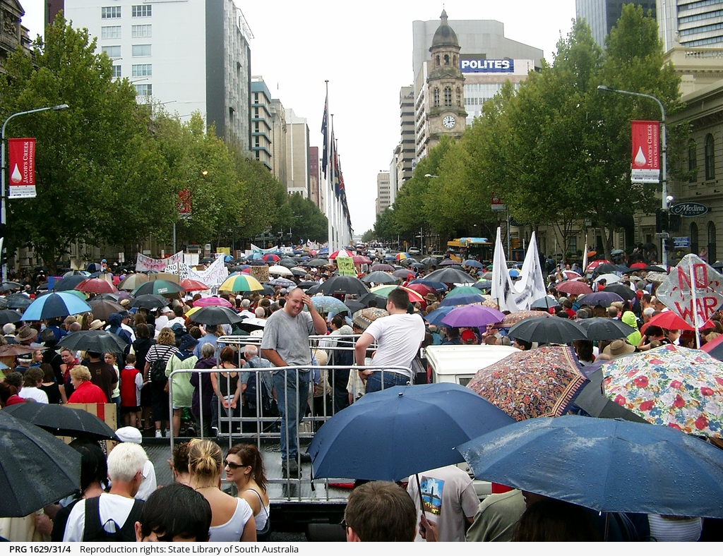 Crowd gathered at the Adelaide NoWar Peace march, viewed from Victoria ...